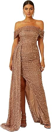Miss ord Women’s Elegant Off Shoulder Sequin Prom Maxi Dress, Draped Asymmetrical Mermaid Split ...
