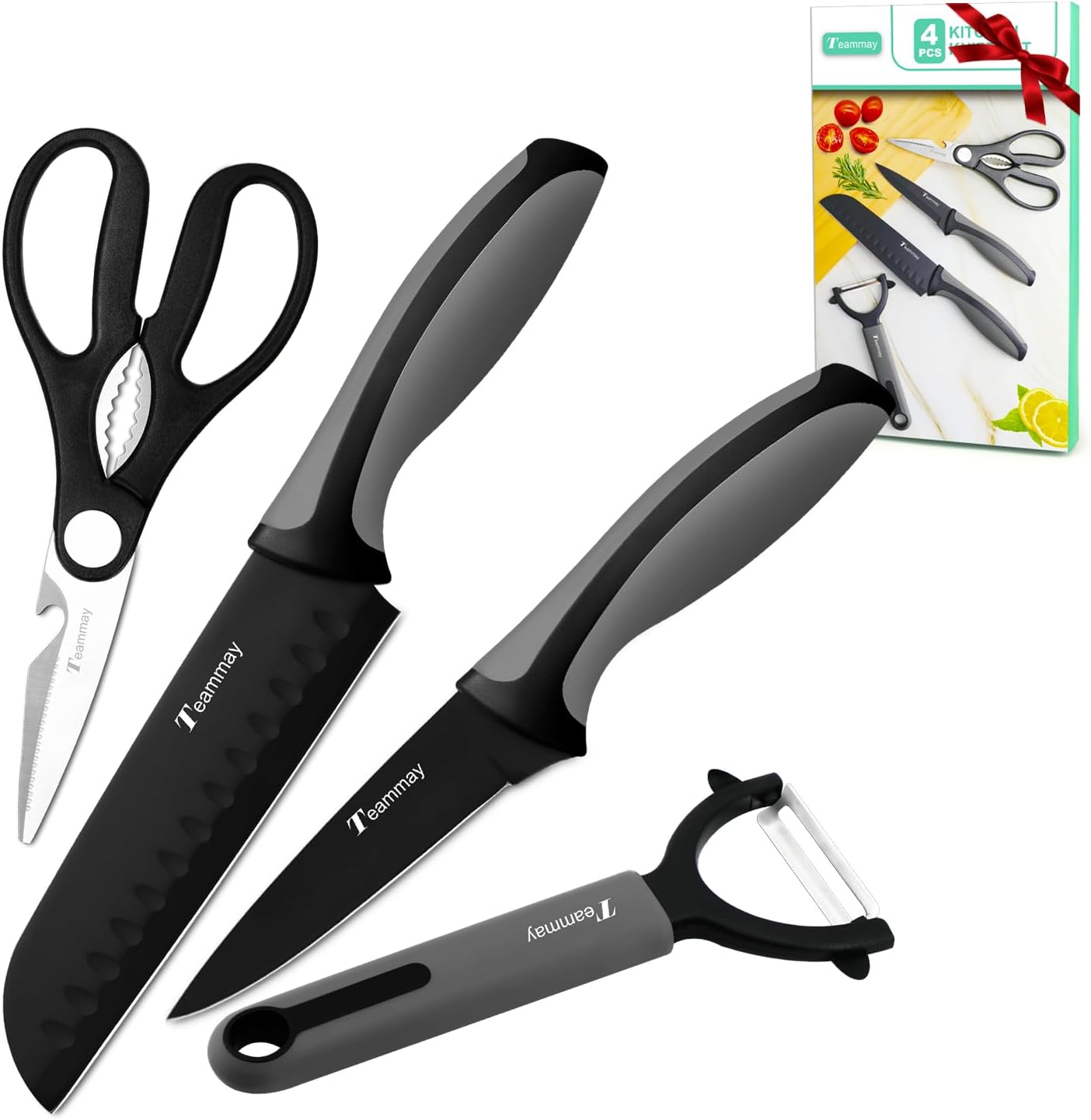 Amazon.com: Teammay 4-Pc Knife Set, 6 Inch Santoku Knife, 4 Inch Paring ...