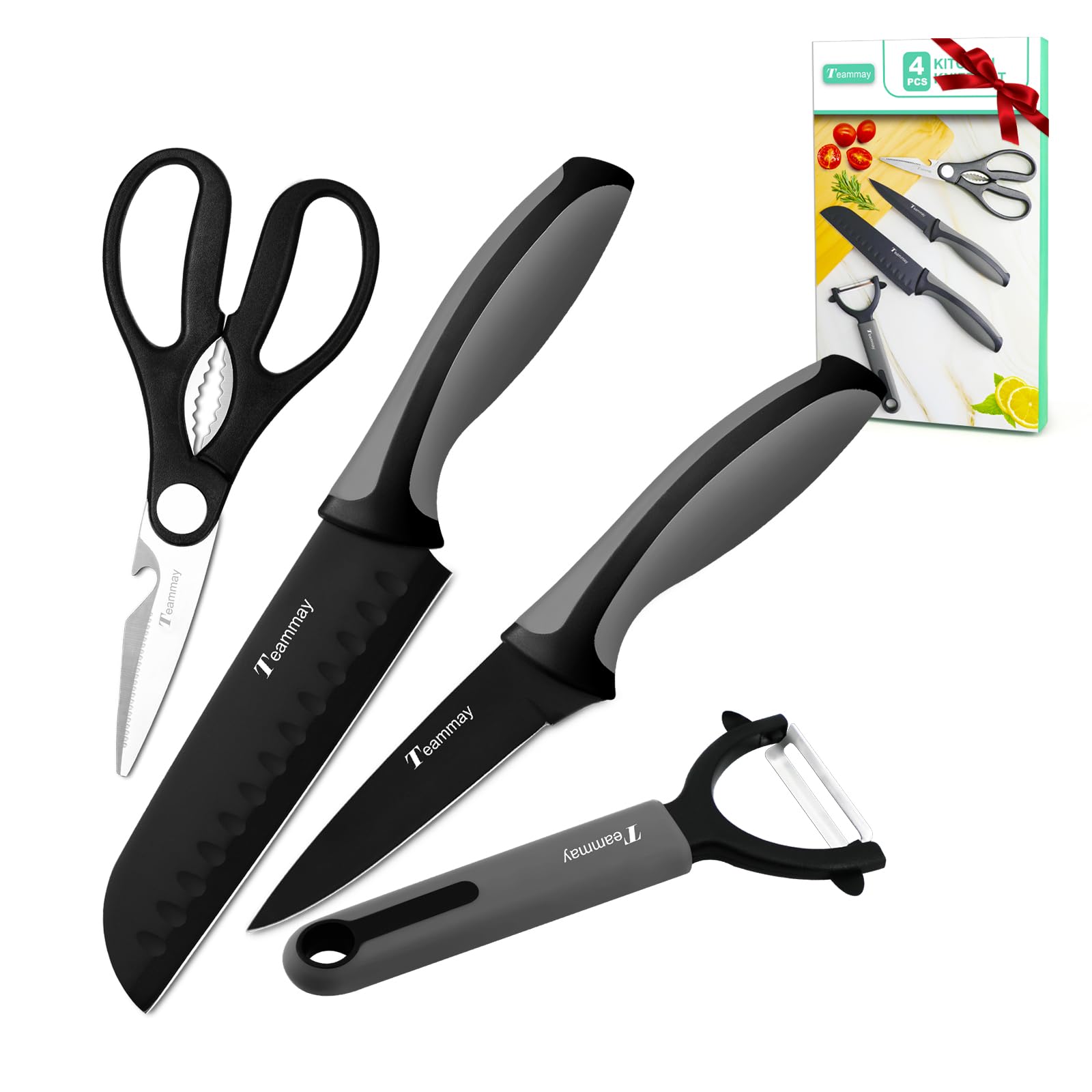 Amazon.com: Teammay 4-Pc Knife Set, 6 Inch Santoku Knife, 4 Inch Paring Knife, Kitchen Scissors ...