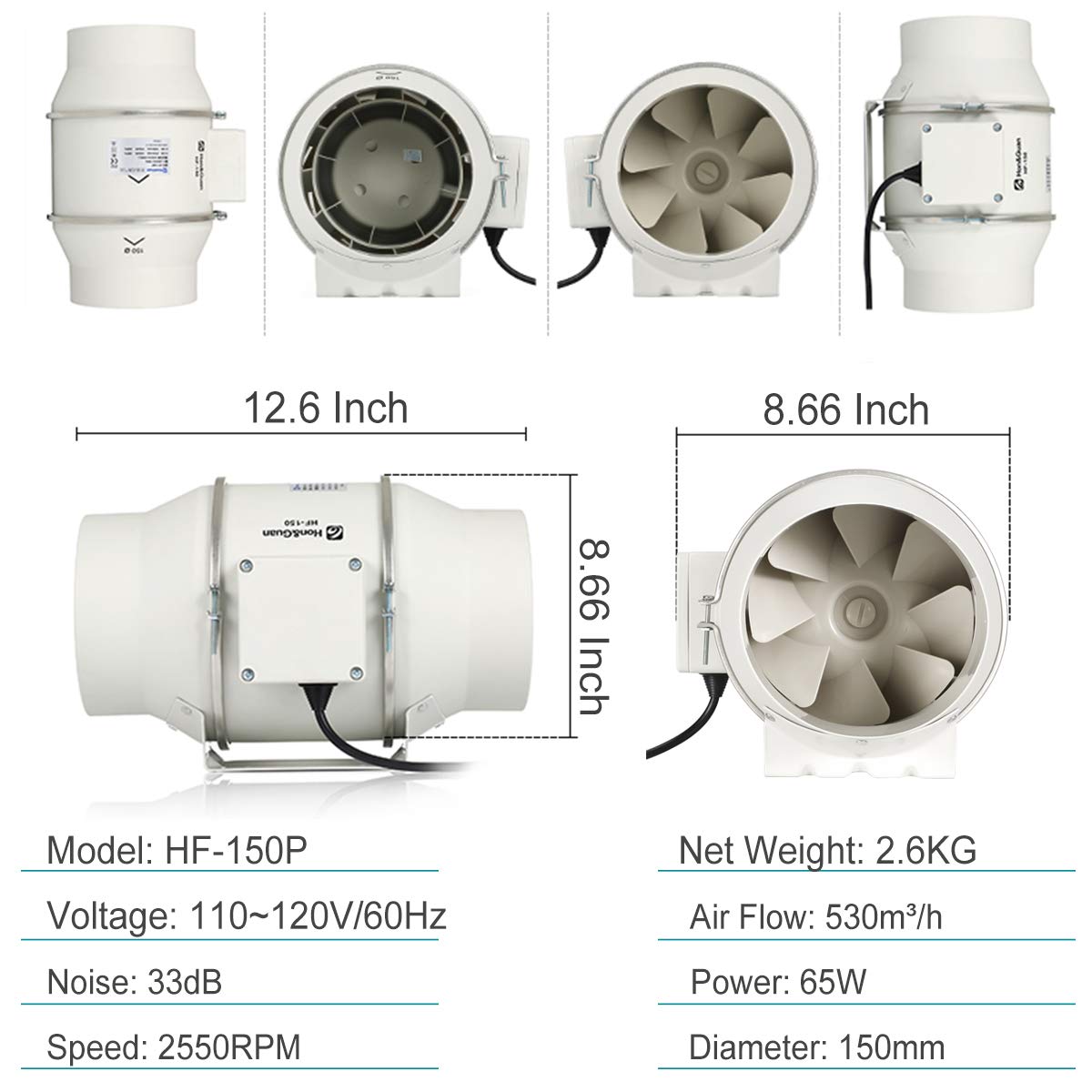 Hon&Guan 6 Inch Inline Duct Fan Exhaust Fan Mixed Flow Inline Fan ...