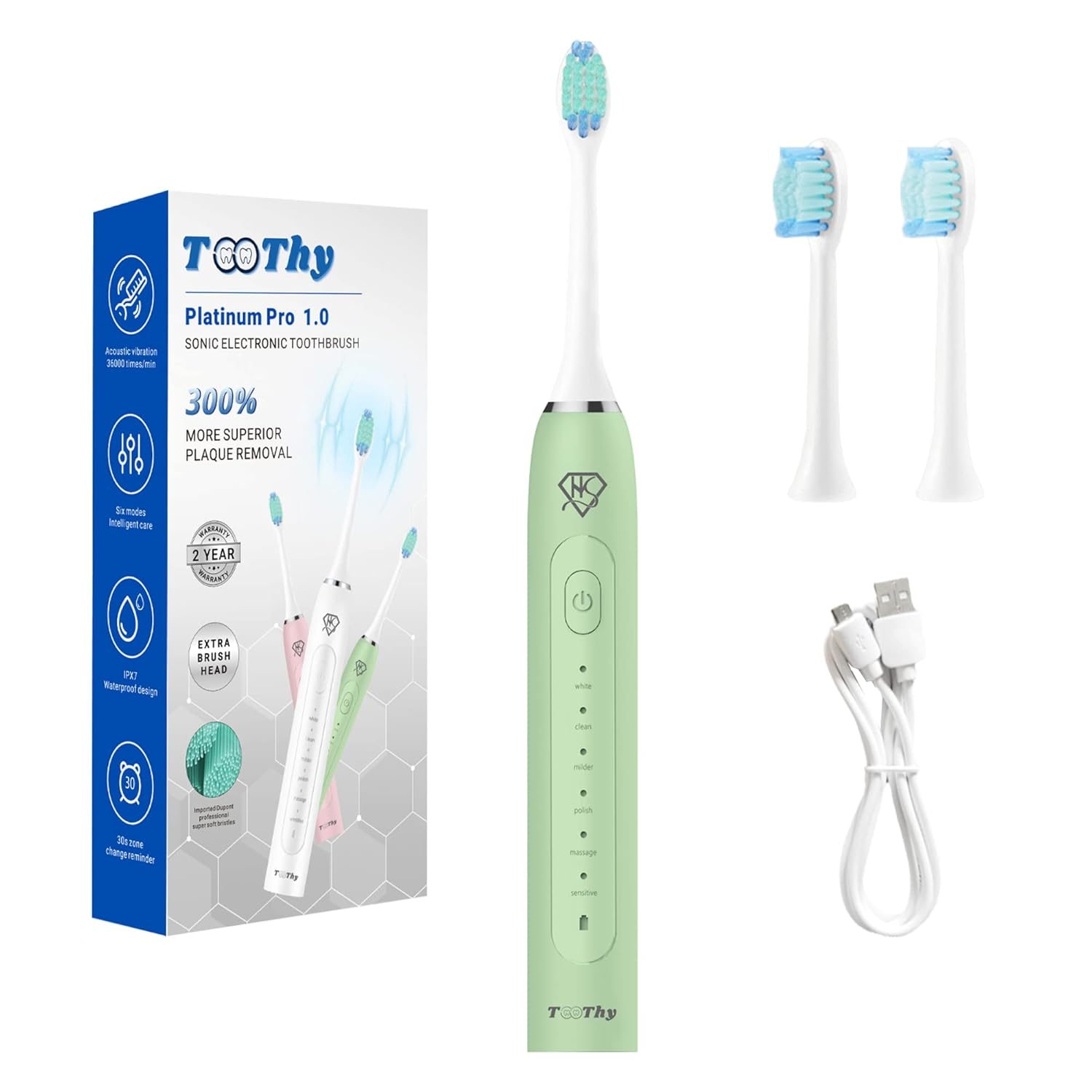 Toothy Sonic Electric Toothbrush for adults, 6 Cleaning Modes With 2 ...