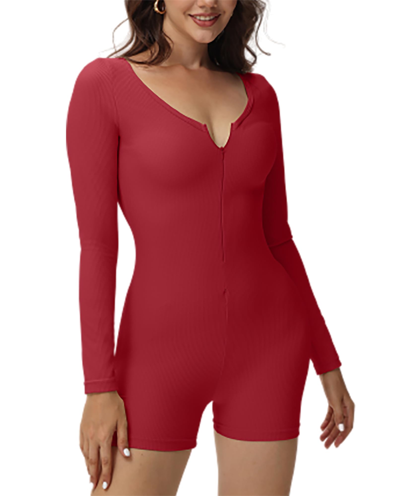 Women Long Sleeve Ribbed Romper Zipper V Neck Jumpsuit One Piece ...
