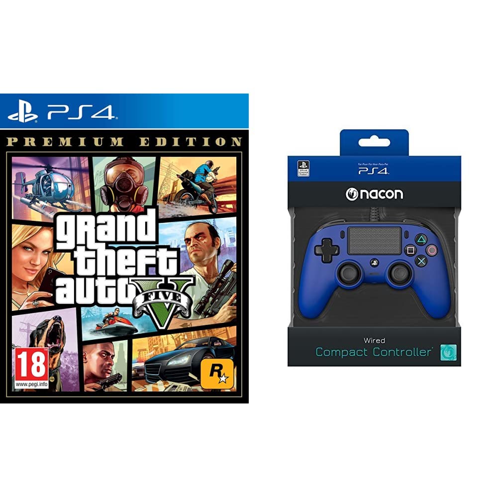 Buy Grand Theft Auto PS9+Nacon Wired Compact Controller for PS4 (Blue ...