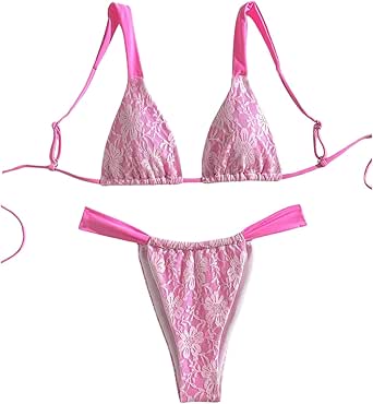 Amazon.com: GORGLITTER Women's Floral Lace Bikini Set Triangle Halter ...