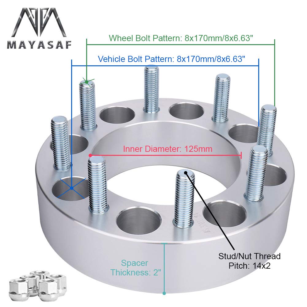 MAYASAF Wheel Spacers [2" Thick, 4 Pack, 8 Lugs] for Ford 1999-04 F-250 ...