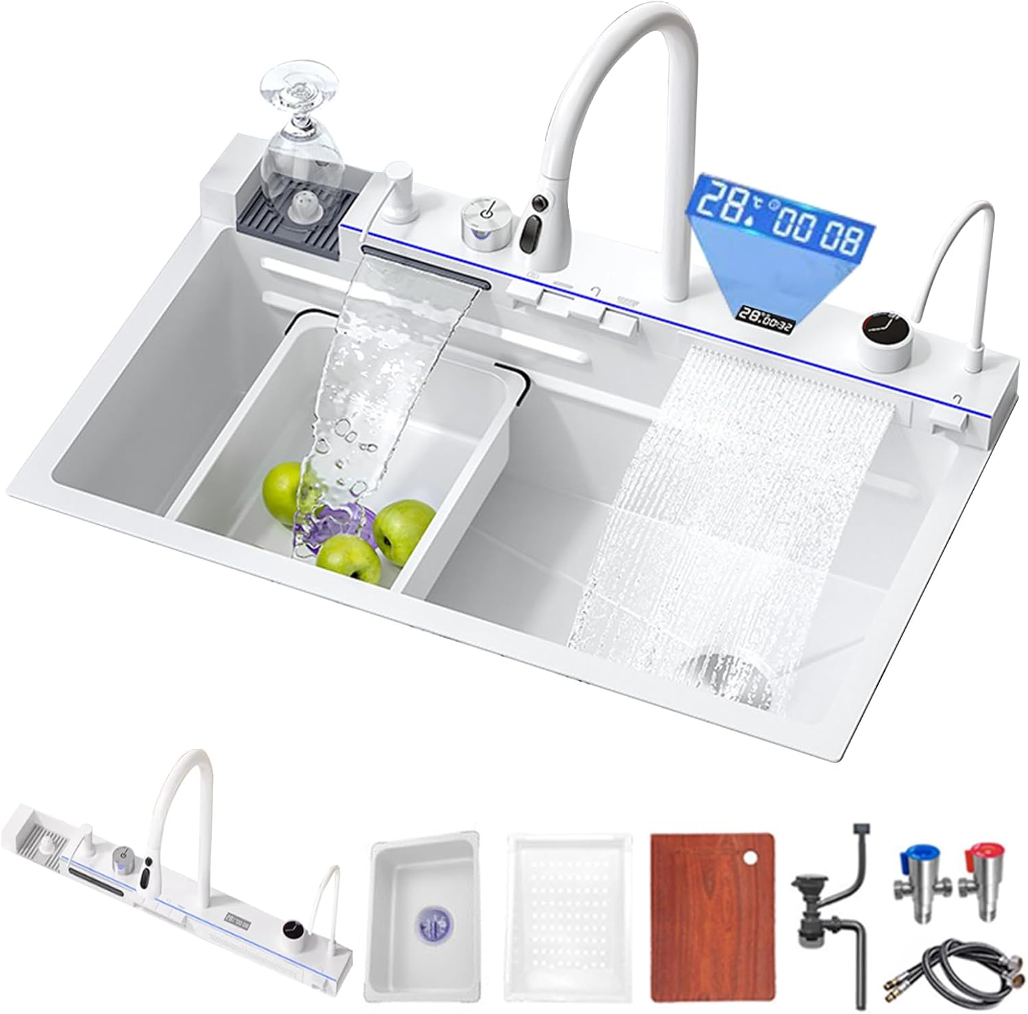 FIVIXIL Kitchen sink double waterfall sink with LED display with cup ...
