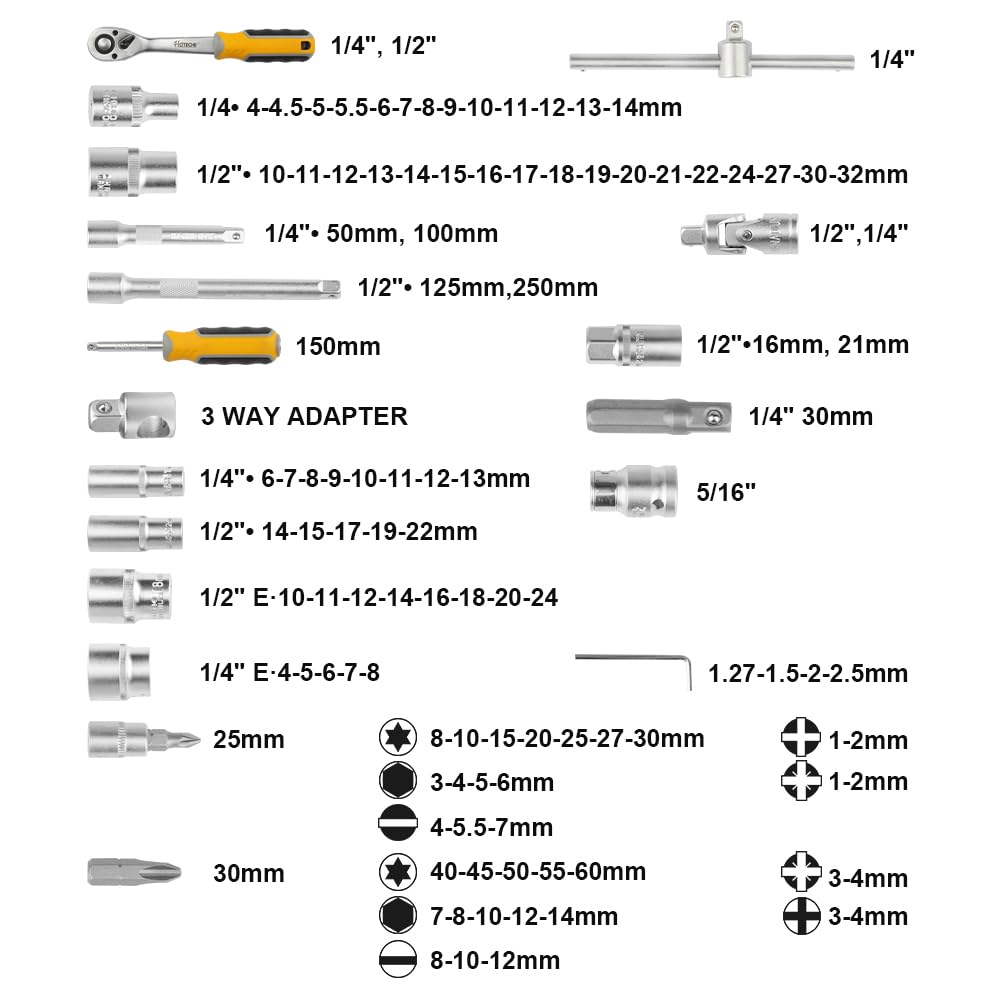 Hoteche Socket Spanner Set 110 Pieces 1/4 Inch & 1/2 Inch Tool Box Set ...