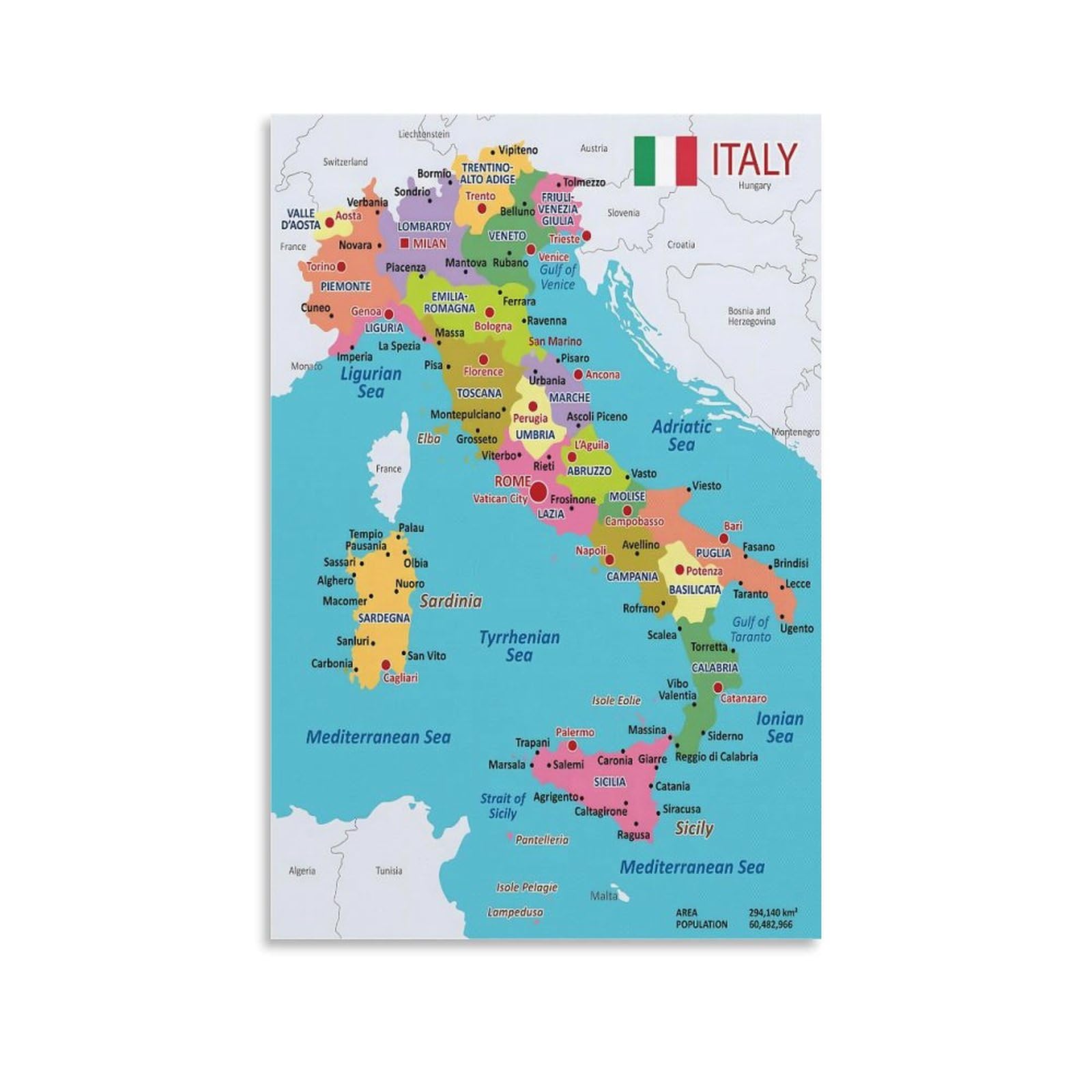 Amazon.com - DISPOPRO Italy Map Poster with Major Cities And Regions ...