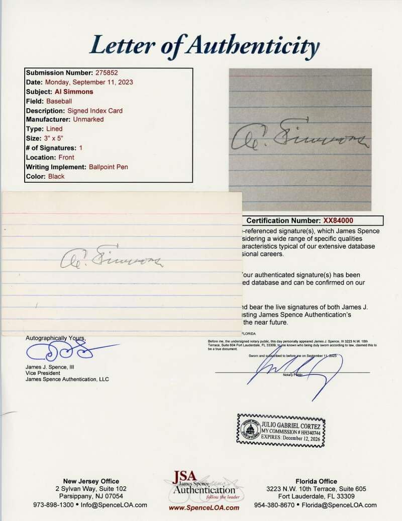 Al Simmons JSA Coa Signed 3×5 Index Card Autograph – Yaxa Colombia