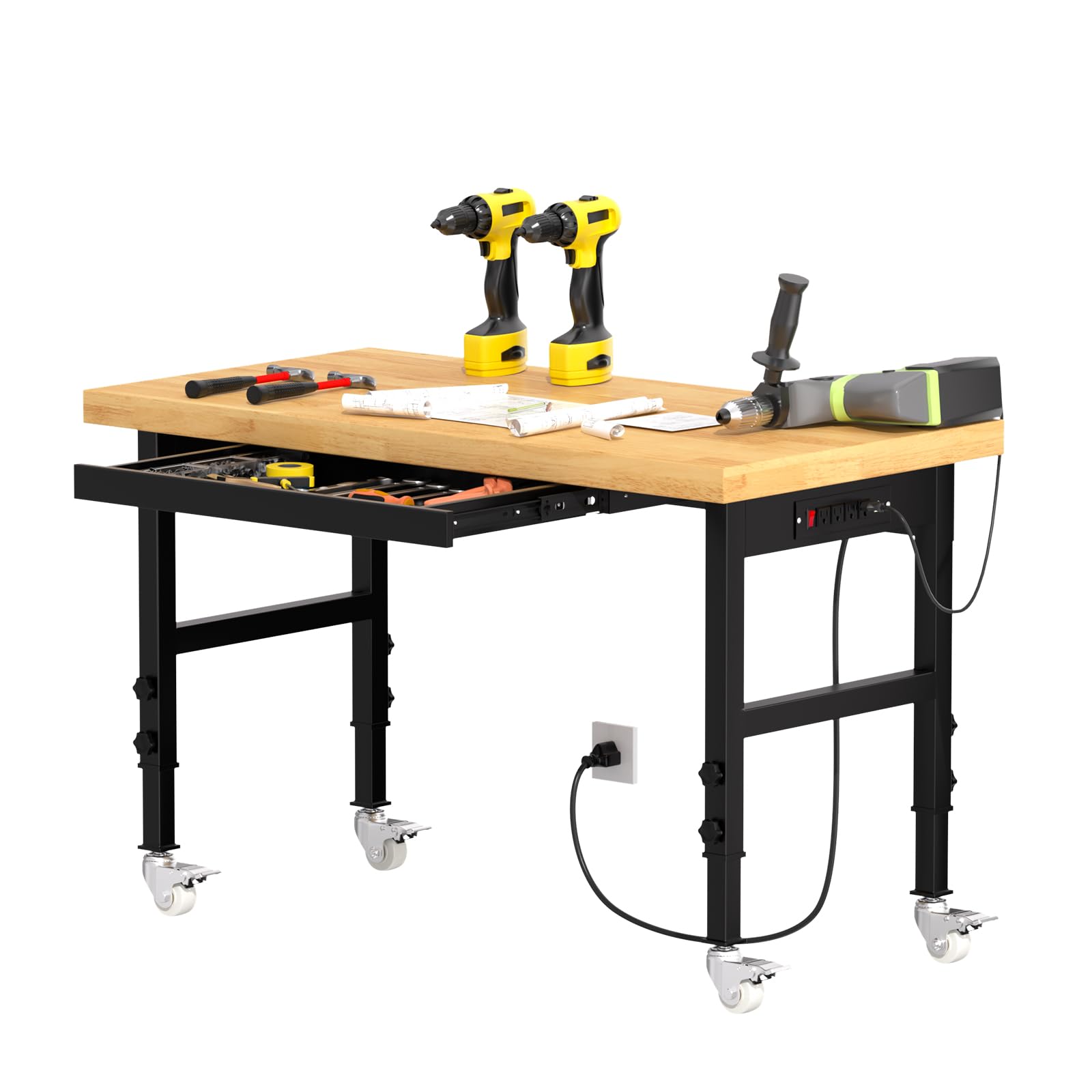 Pelnuies Solid Wood 48" Work Bench with Drawers, Adjustable Height ...