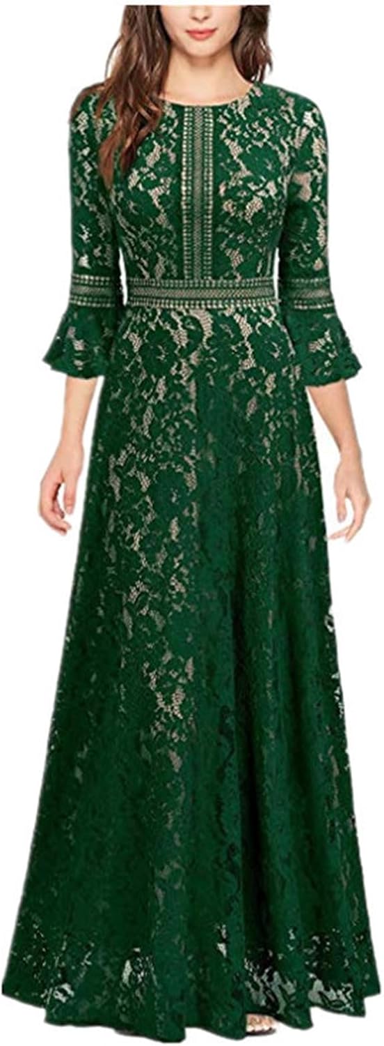 Amazon.com: Womens 3/4 Sleeve Evening Dress Elegant Lace Embroidered ...