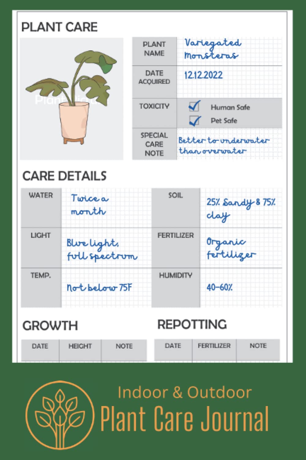 Indoor & Outdoor Plant Care Journal: House Plant Journal and Care Log ...