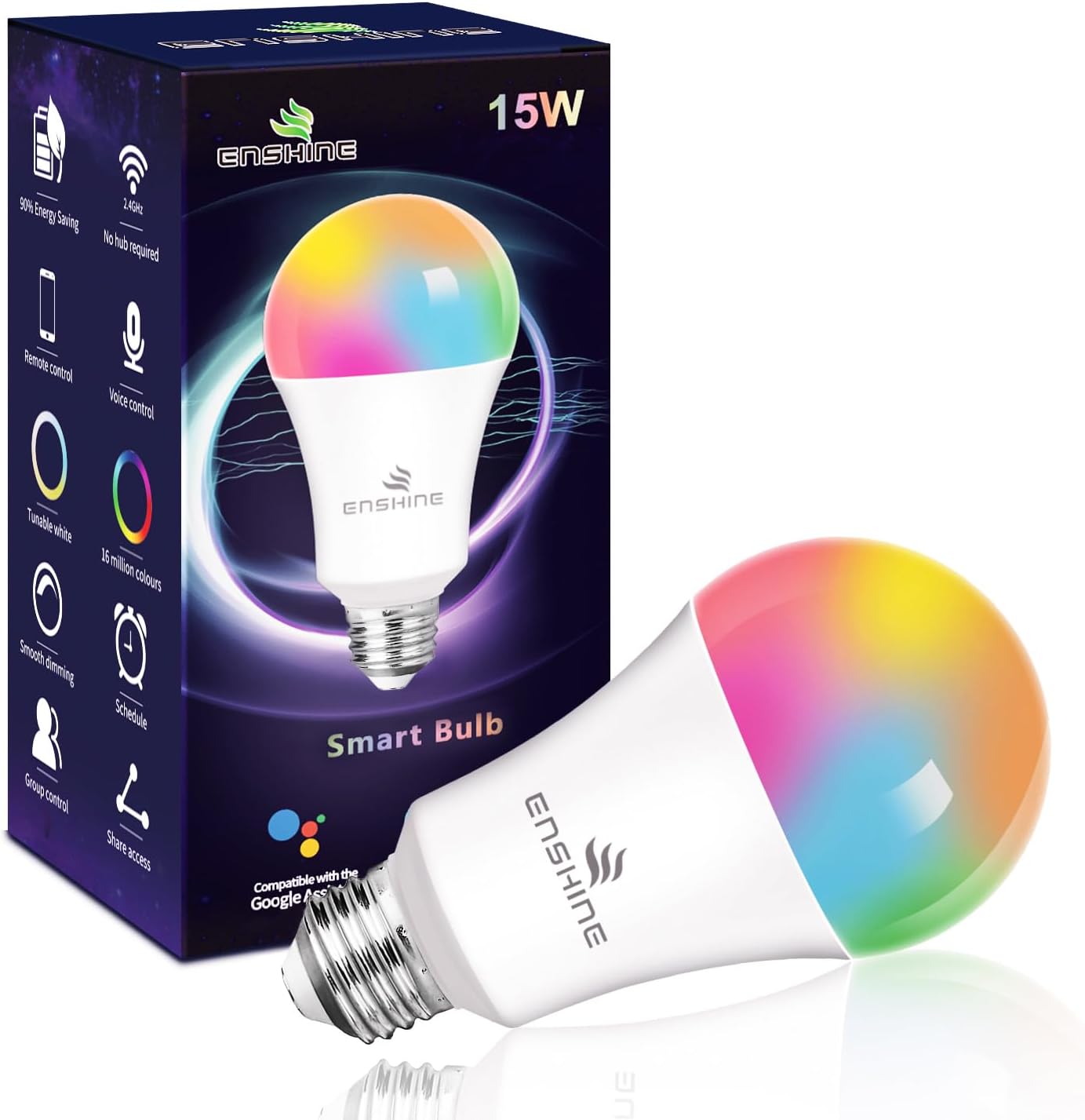 Enshine Screw Smart Bulb, 15W(100W) WiFi Light Bulbs E27, Colour ...