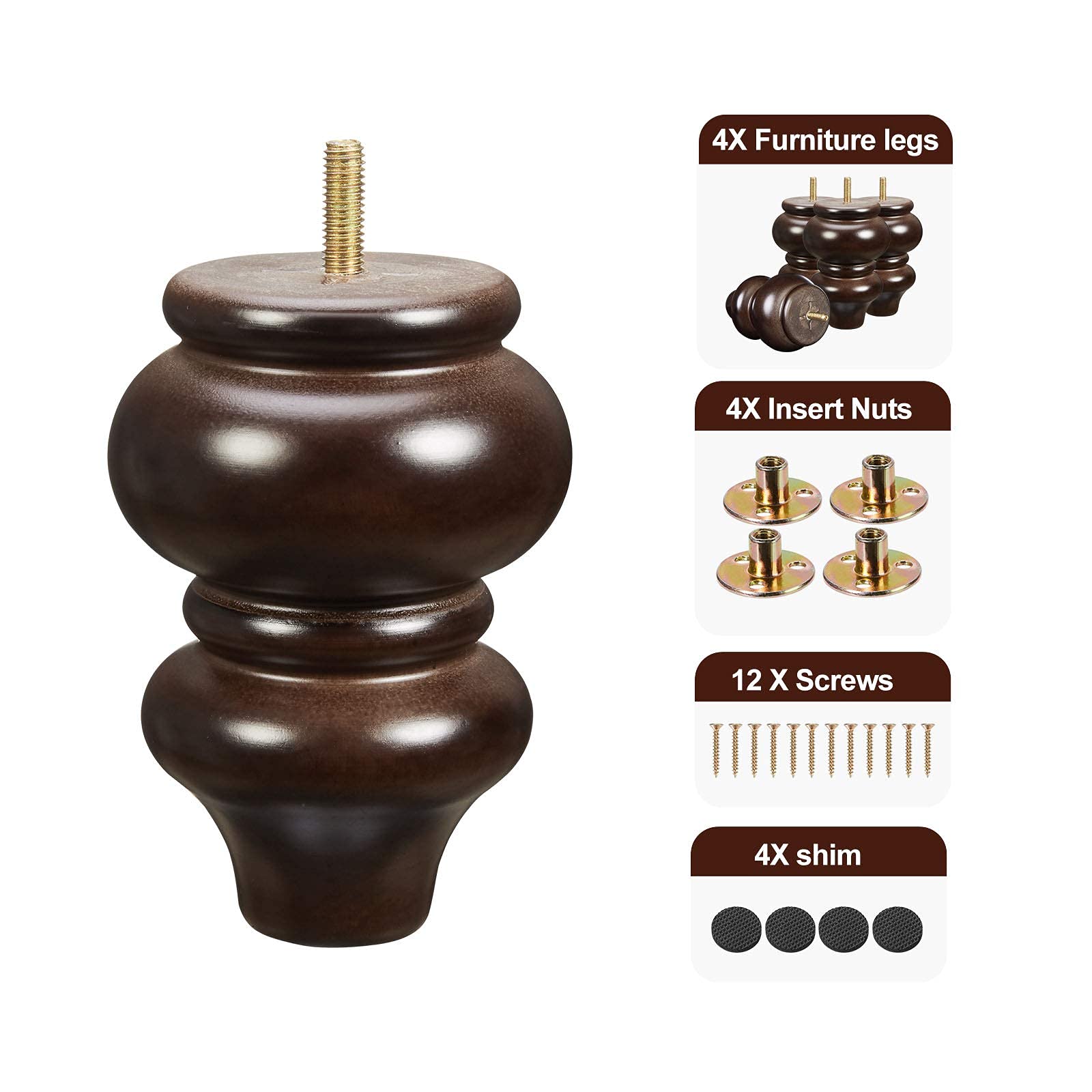 Snapklik.com : Wood Furniture Legs 5 Inch Sofa Legs Pack Of 4,Round ...