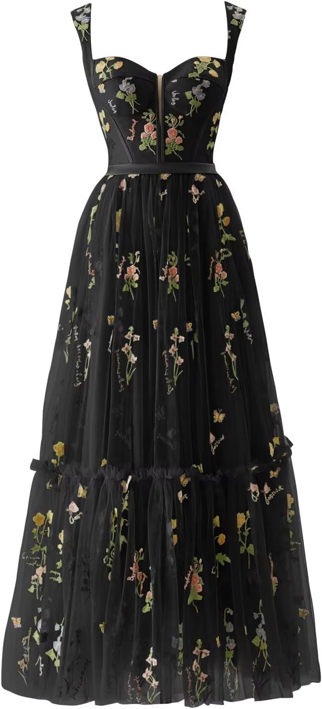 benoui Tulle Flower Embroidery Prom Dress Tea Length Corset A Line ...