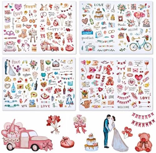 4 Sheets 230 Illustrations Wedding Scrapbook Stickers, Transparent ...