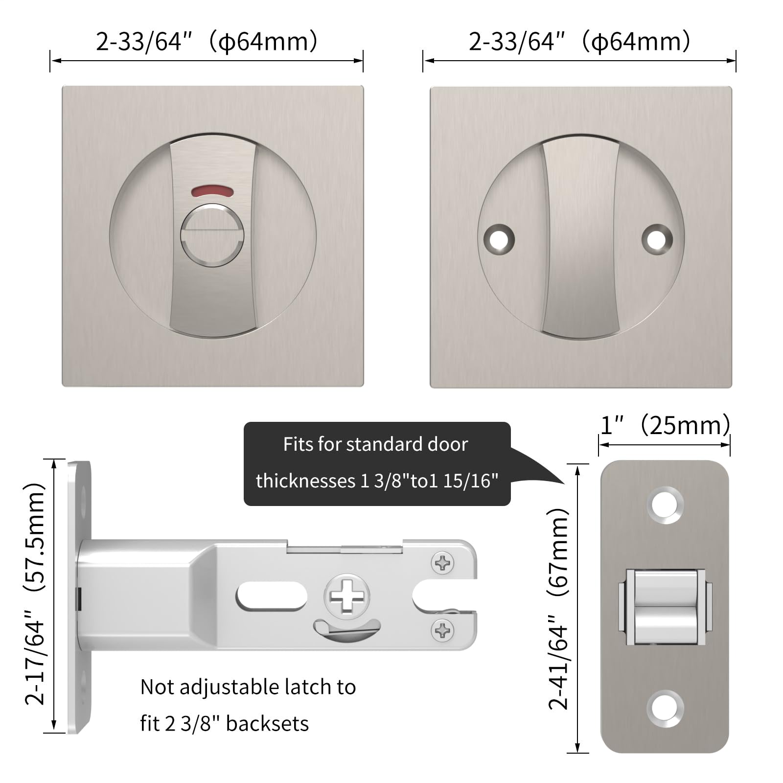 Snapklik.com : Coinkoly 1 Pack Brushed Nickel Pocket Door Lock
