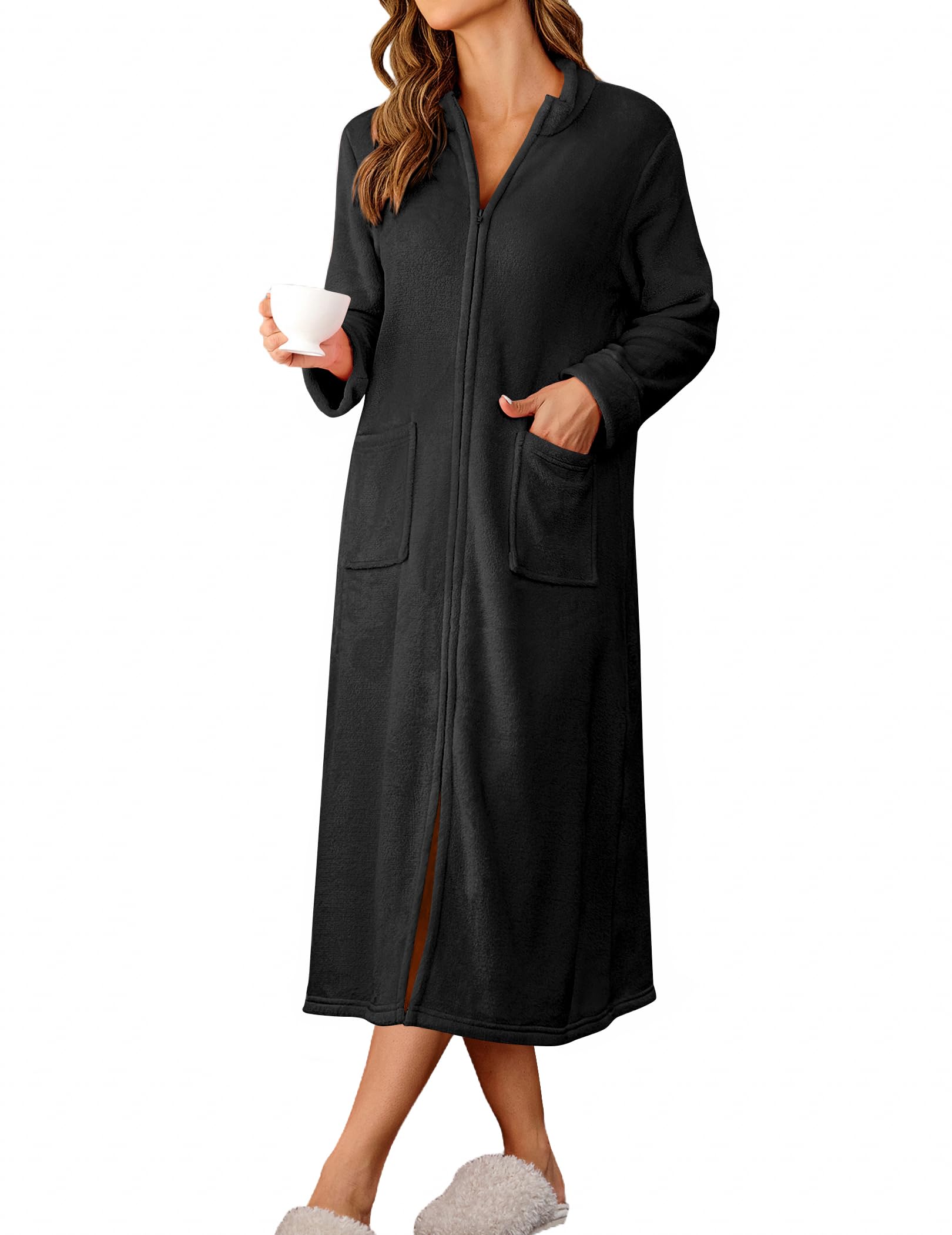 Ekouaer Women Zipper Robe Fleece Long Sleeves Bathrobe Sleepwear Warm ...