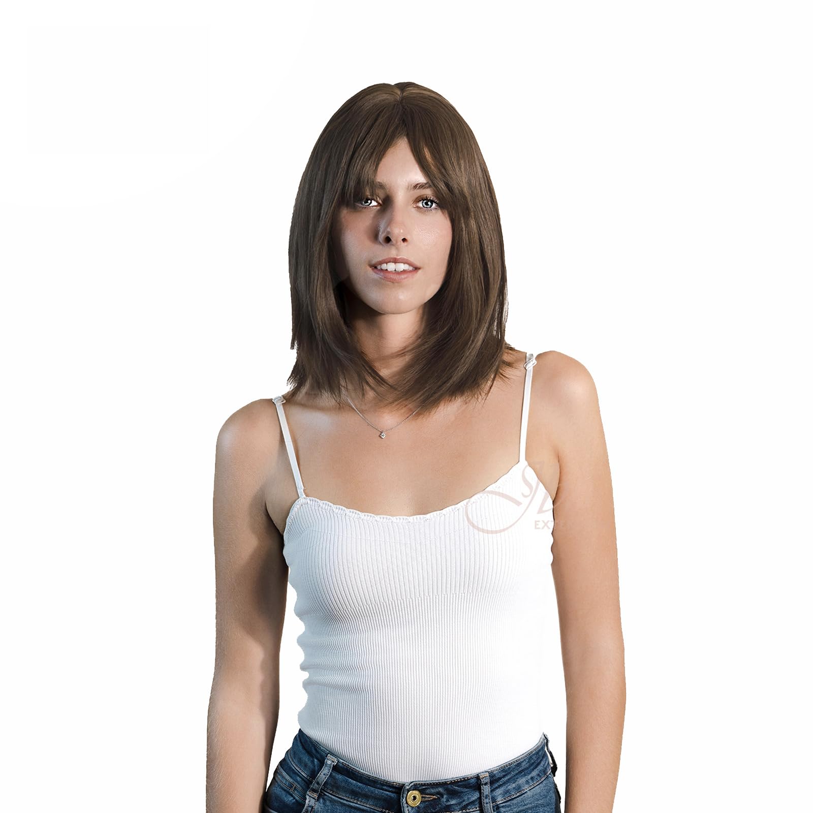 Amazon.com : JBEXTENSION 14 Inch Short Straight Wig RONA with Bangs Brown Shoulder Length Wear ...