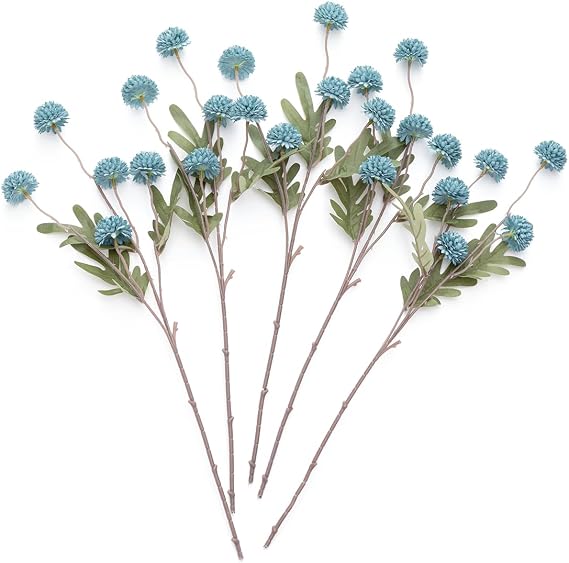 Amazon.com: Laelfe Dusty Blue Flowers Artificial Pompon Mum, Fake Kiku ...