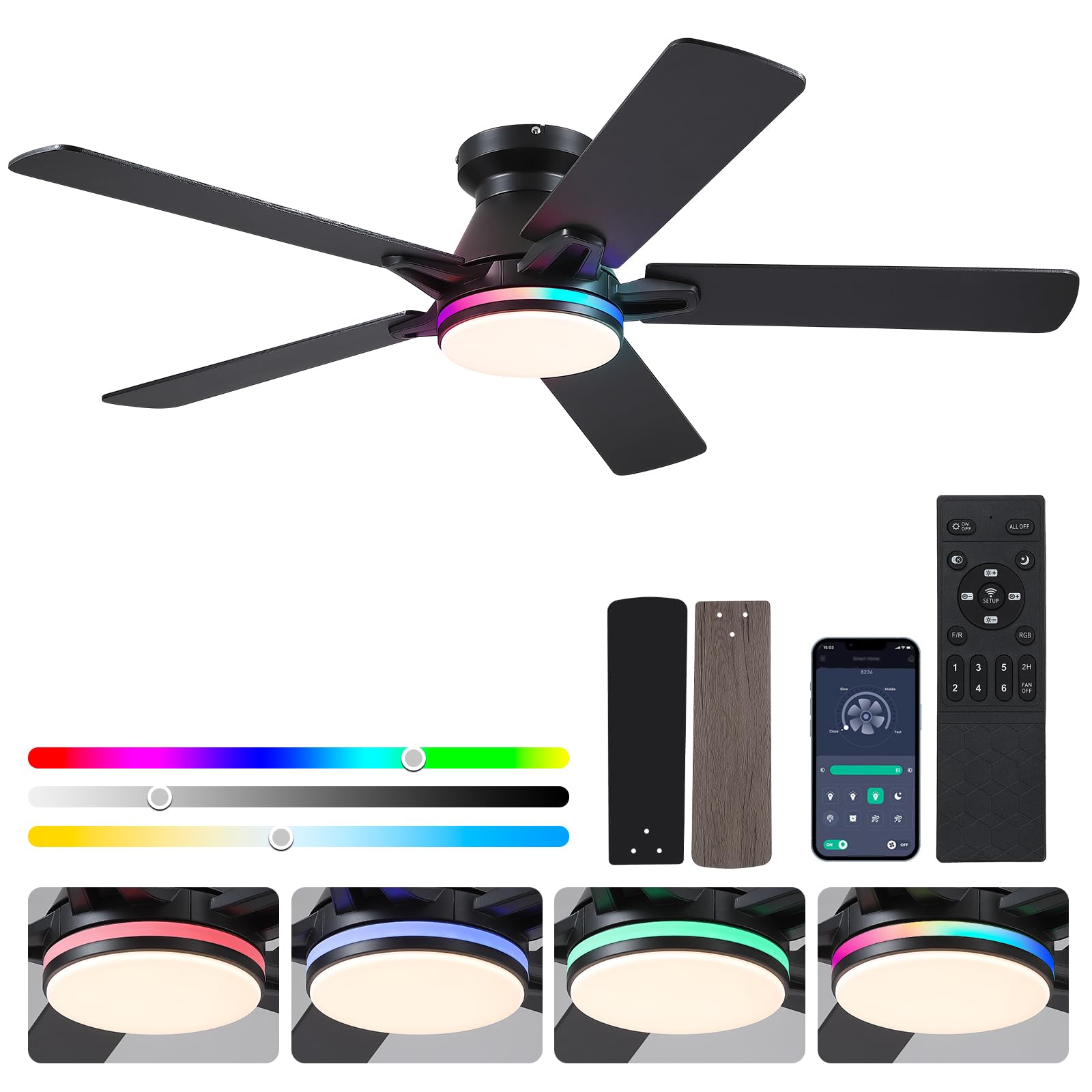 CHESUR Flush Mount Ceiling Fans with RGB Side Lights - 52" Black RGB ...