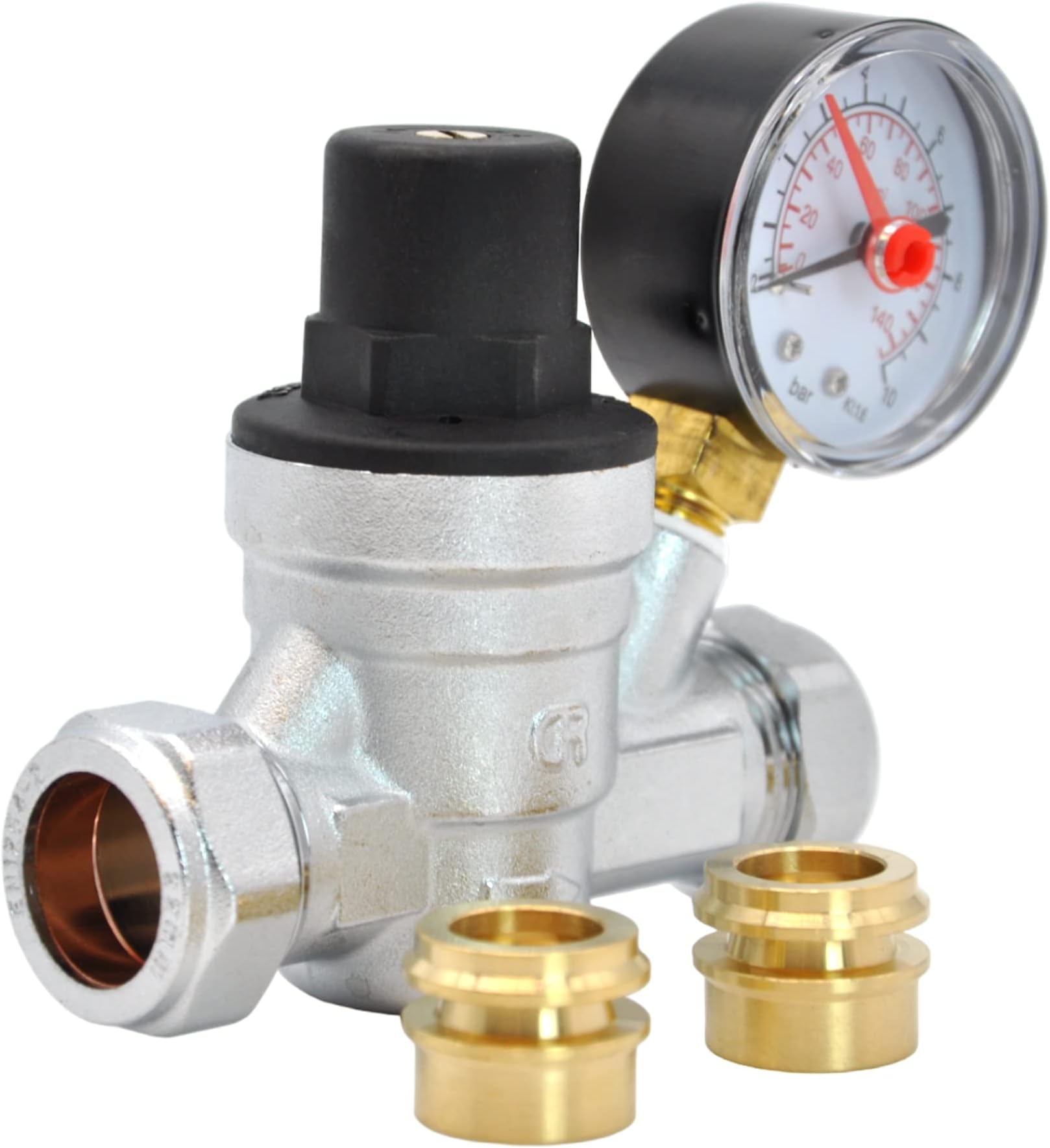 Pressure REDUCING Valve DZR Brass C/W Rear Entry Gauge 15MM 1-6 BAR PRV ...