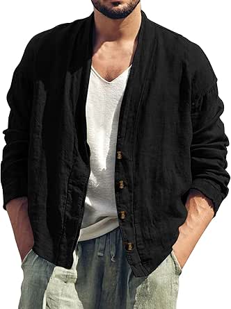 Fxbar Men's Collarless Long Sleeve Tee Shirts Solid Color Breathable T ...