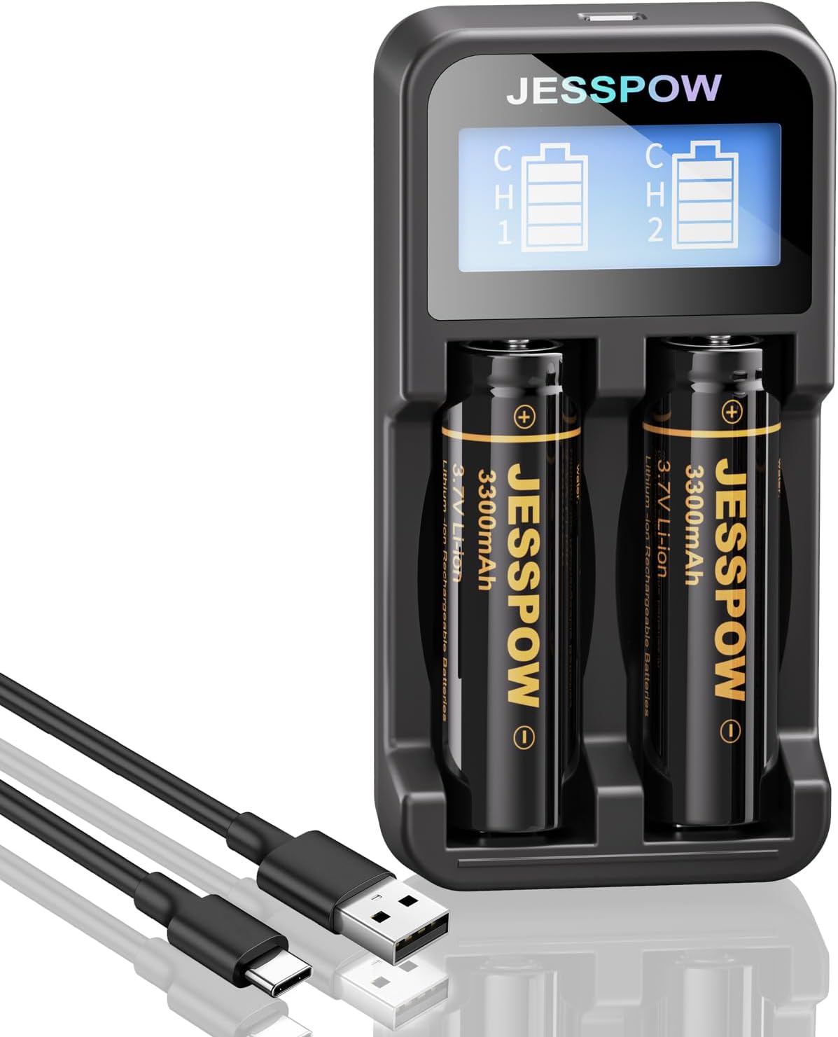 3.7V 18650 Rechargeable Battery Flat Top (2 Pack) with Charger, 3300mAh ...