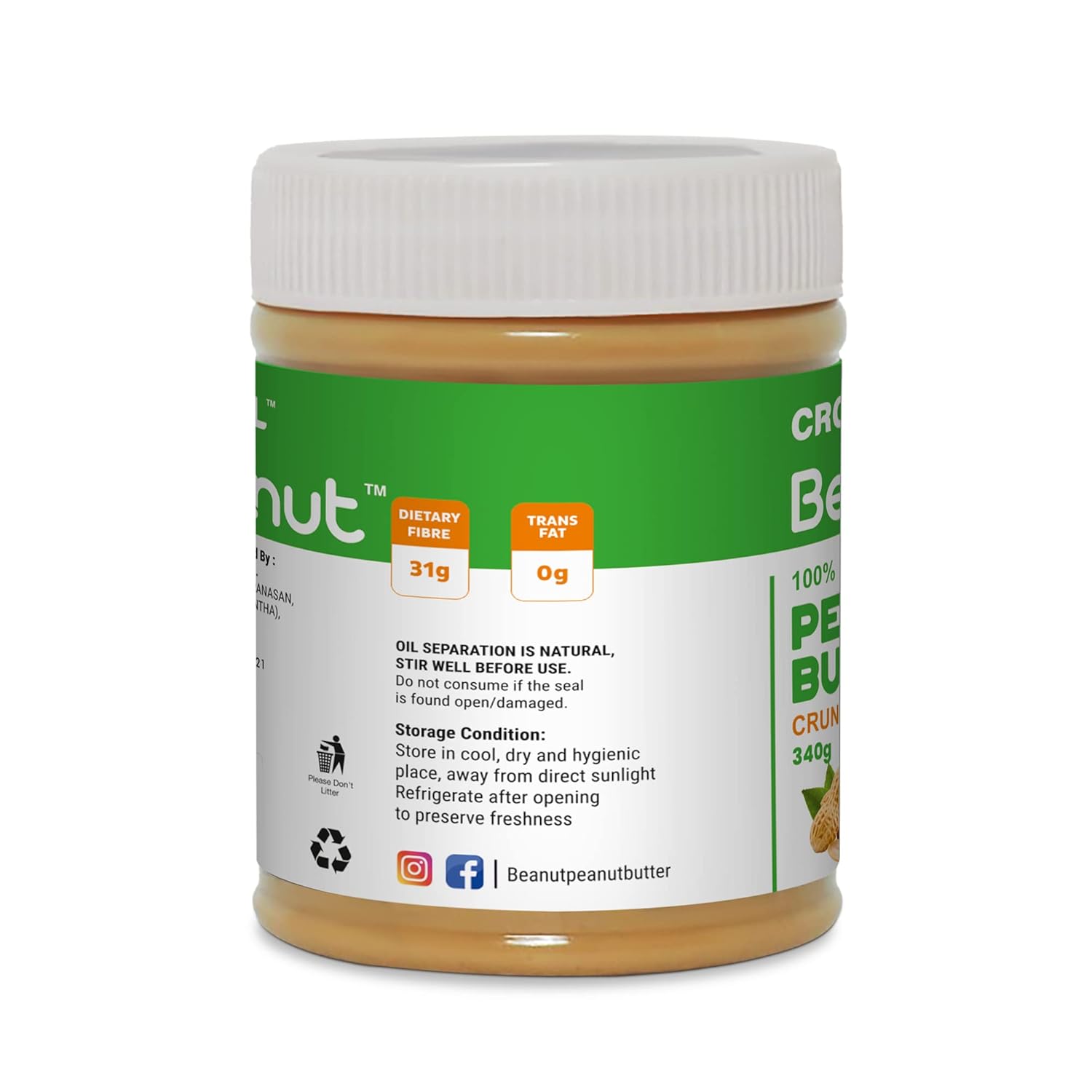 Beanut Natural Peanut Butter Crunchy Unsweetened - 340gm, 100% Pure ...