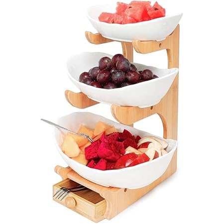 Amazon.com: 3 Tier Oval Bowl Set with Metal Rack,HabiLife Three Ceramic ...