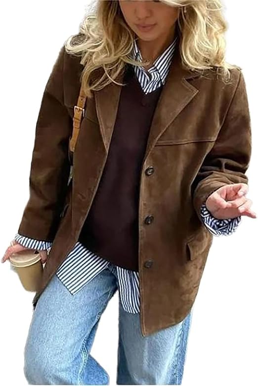 RICOCHO Women's Faux Suede Jacket Lapel Collar Suede Blazer Jackets ...