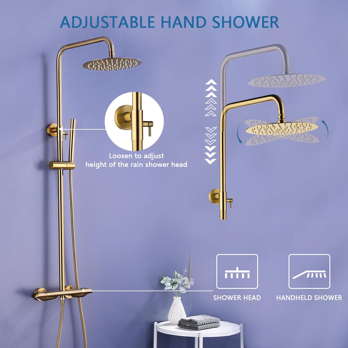 QISHENG Thermostatic Exposed Gold Shower System Wall-mounted Exposed ...