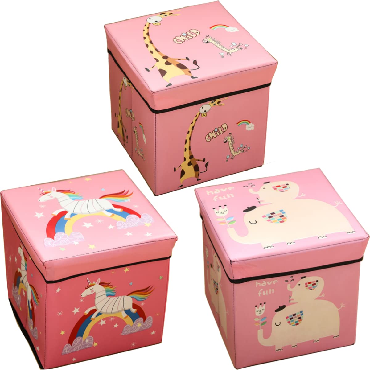 Kids Toy Storage Box Set of 3 Organiser Foldable Storage Chest with Lid ...
