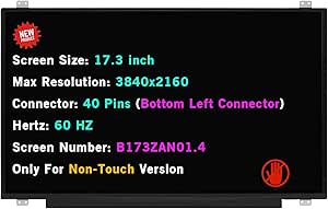 BTSELSS 40 Pins 60 HZ UHD 3840x2160 17.3" B173ZAN01.4 LCD Replacement ...