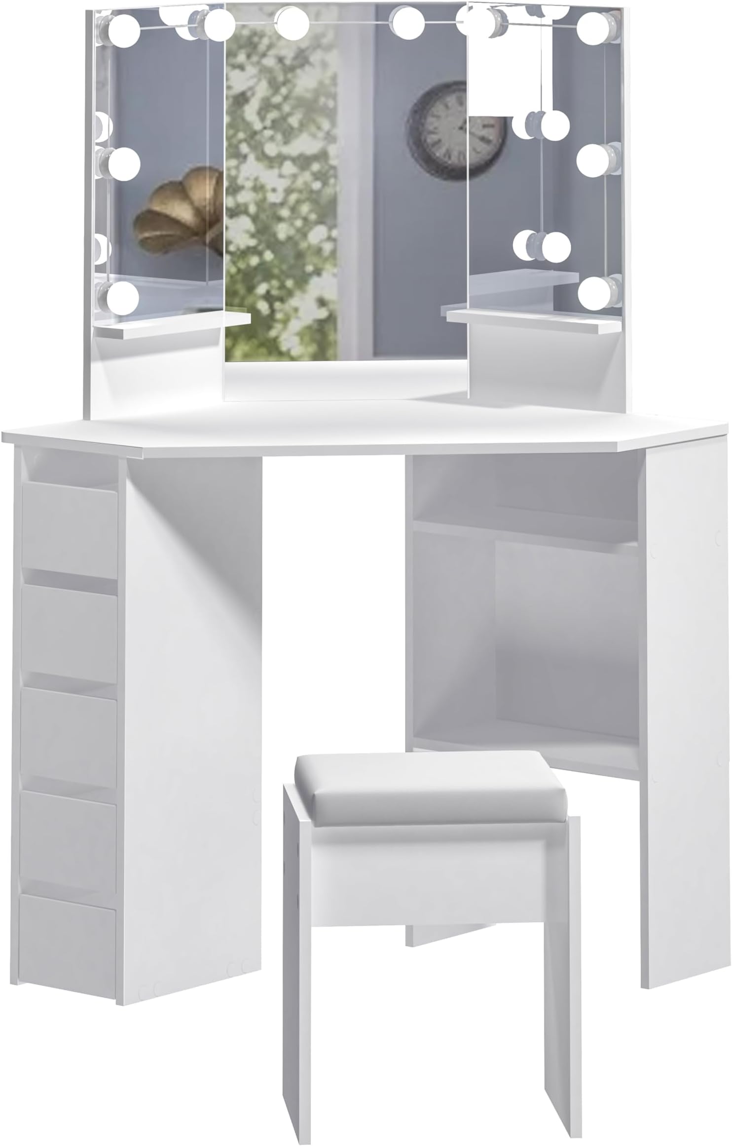 Panana Corner Dressing Table with LED Light, Vanity Table with 5 ...
