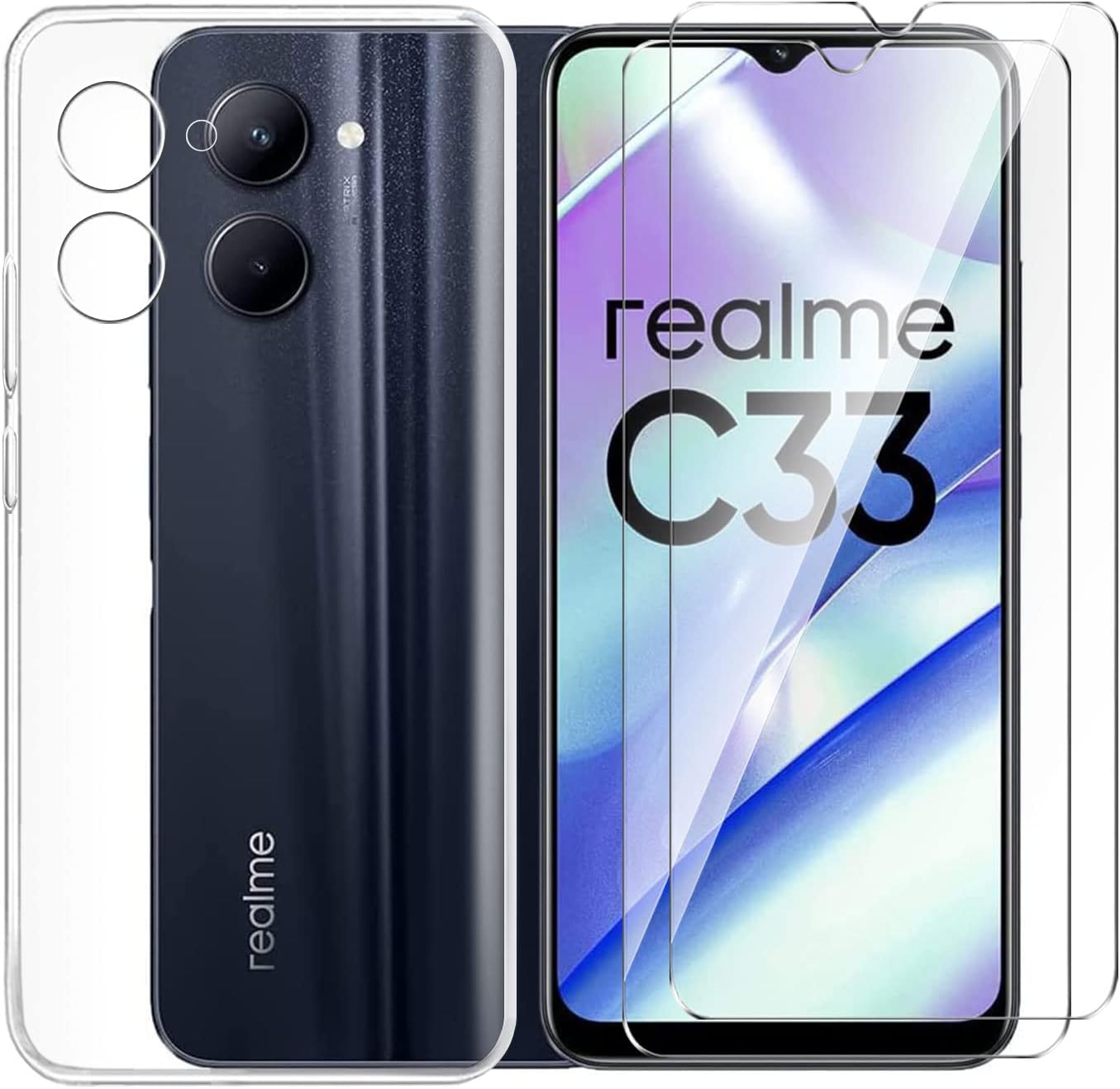 Tsinwe Cover + 2 Pezzi Vetro Temperato per Realme C33, Trasparente ...