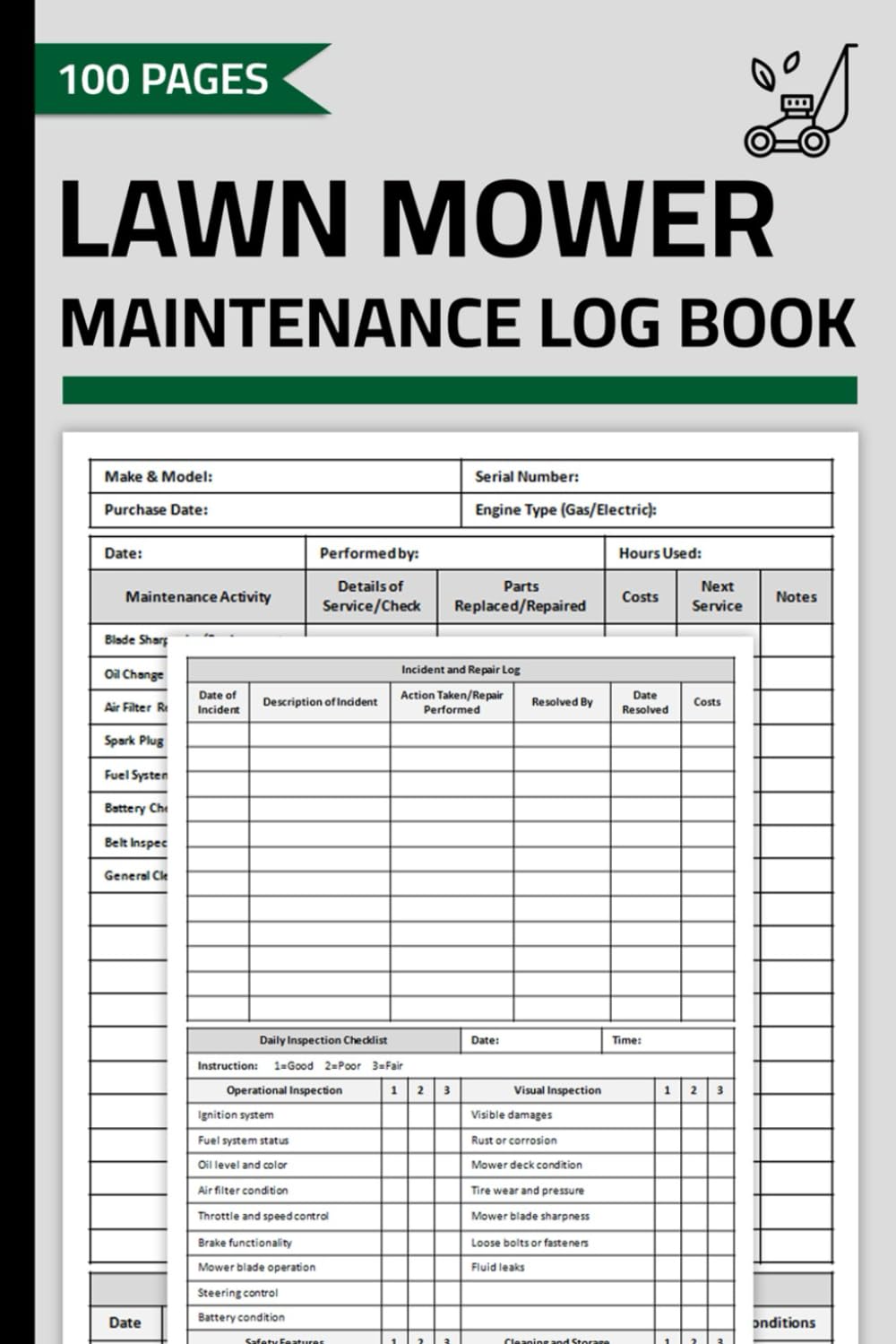 Lawn Mower Maintenance Log Book: Repair & Service Record with Daily ...
