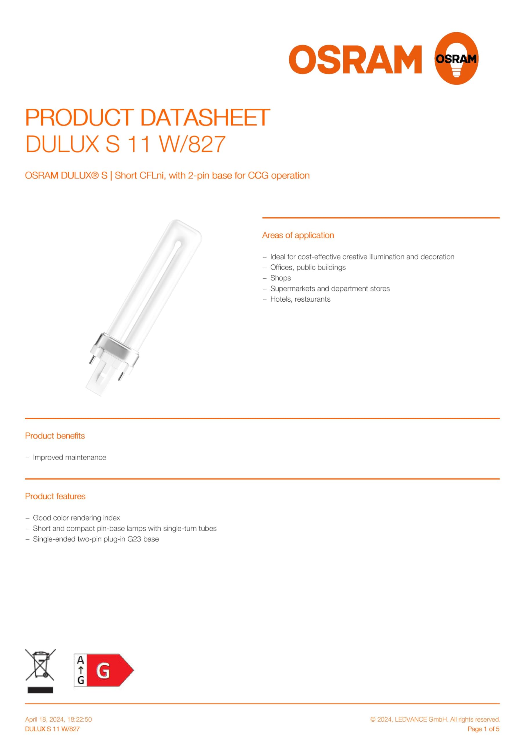 OSRAM energy-saving lamp / DULUX S / G23-Socket / 11 watt / Cold-white ...