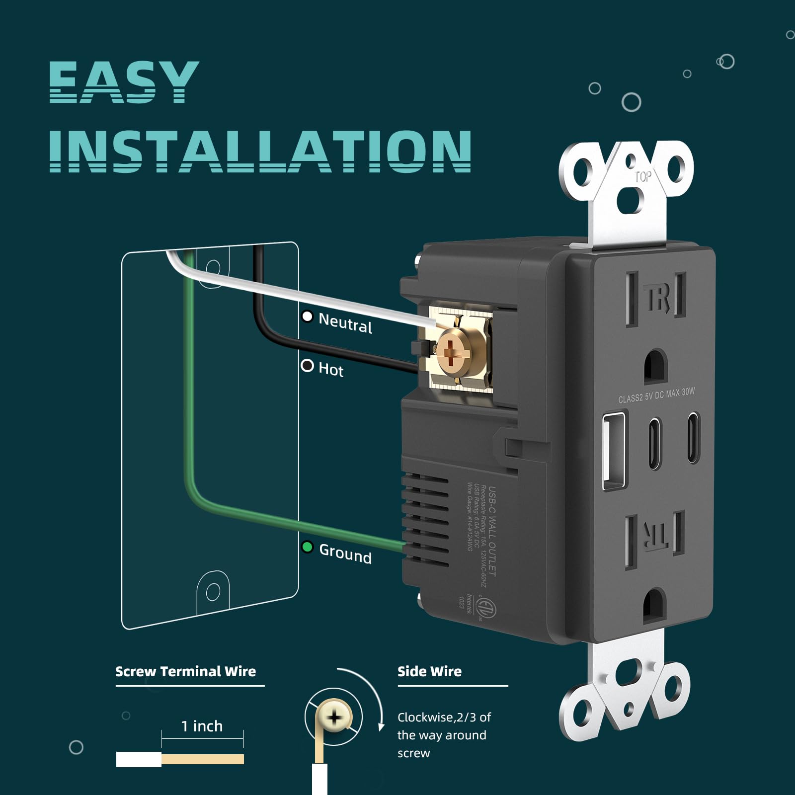 Snapklik.com : TOPELER Black USB C Outlet, 30W 3-Port Type C USB Wall ...