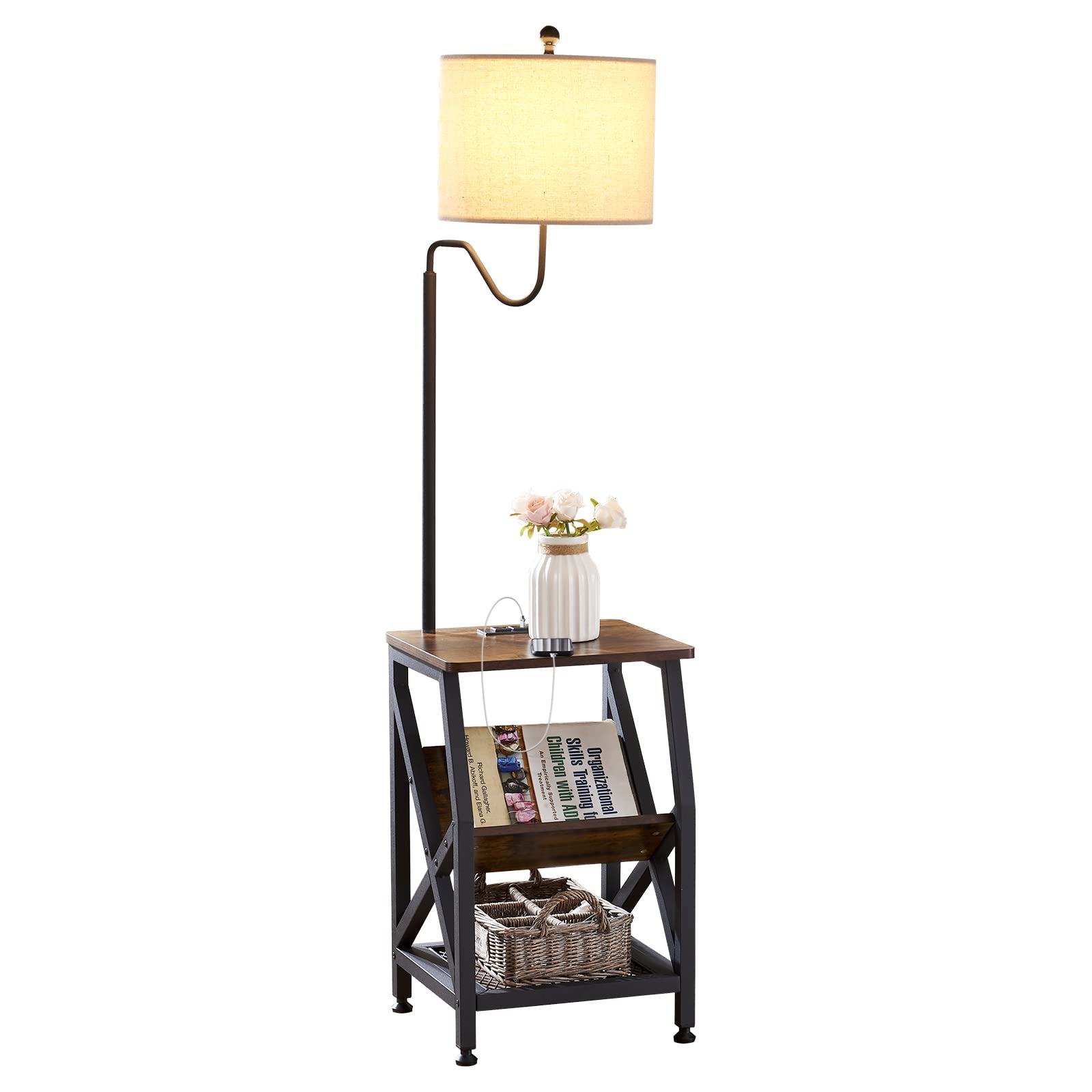 Buy Floor Lamp with Table, Rustic Side Table with USB & Type-C Charging ...