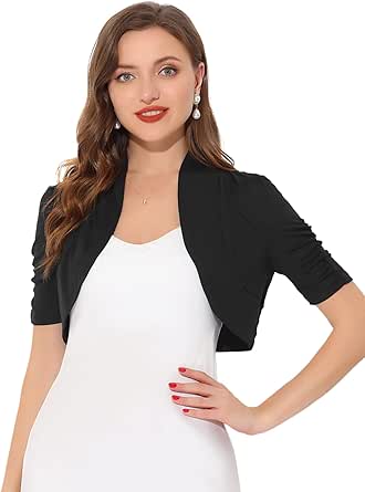 Allegra K Short Sleeve Shrugs for Women's Ruched Sleeve Open Front Cropped Bolero Cardigan at ...