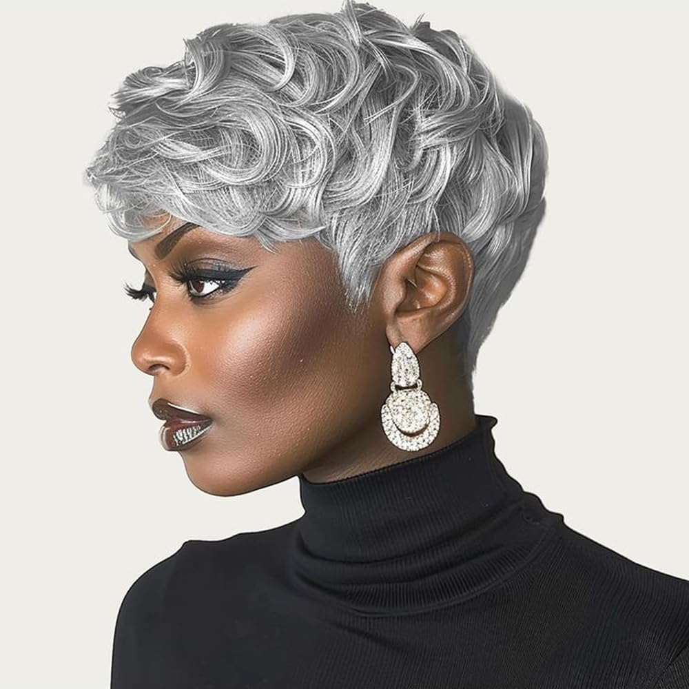 Amazon.com : MUJGOO Pixie Grey Wigs for Black Women Short Wigs for Black Women Short Curly Wigs ...