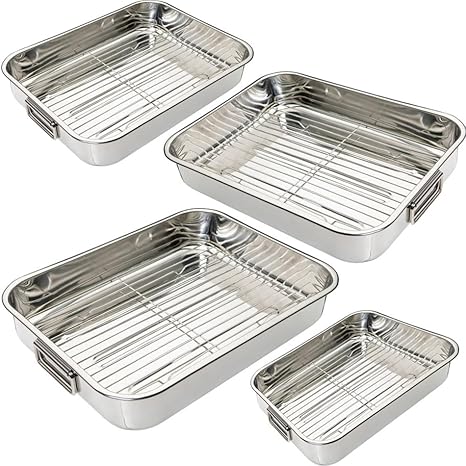 Pack of 4 Roasting Tray Set - Stainless Steel Oven Pan Dish Baking ...