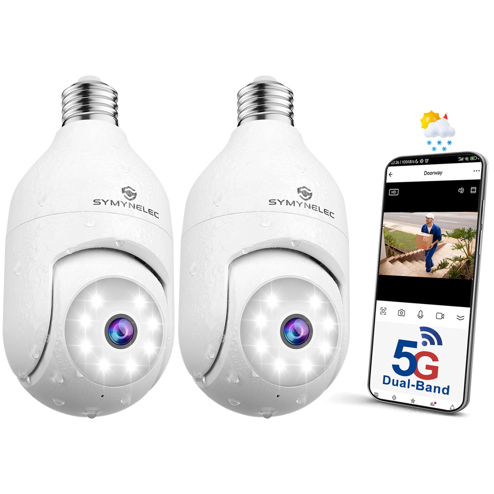 SYMYNELEC 5GHz/2.4GHz Light Bulb Security Camera Outdoor Waterproof 2 ...