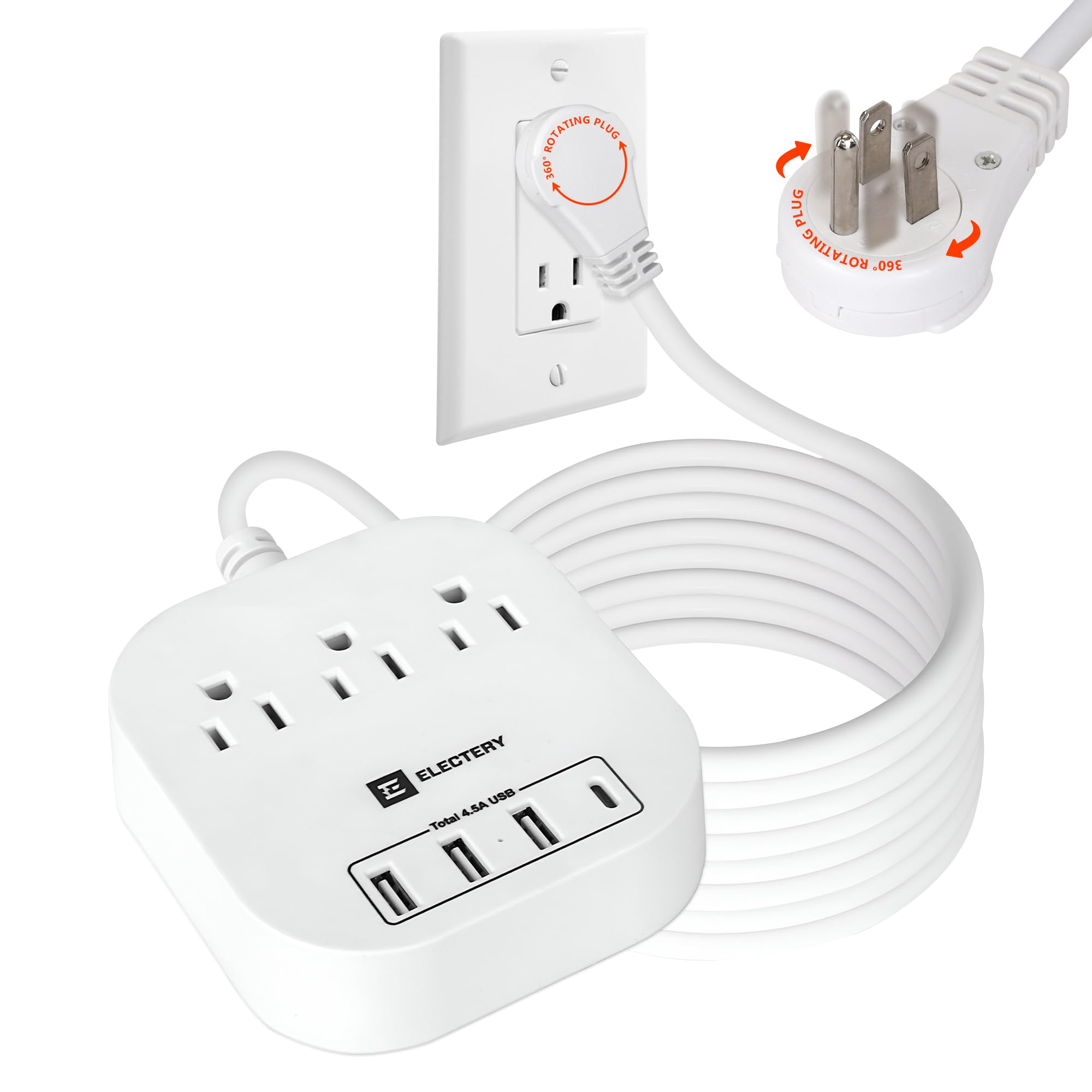 Amazon.com: Flat Extension Cord with 360° Rotating Plug 15 Ft Power ...