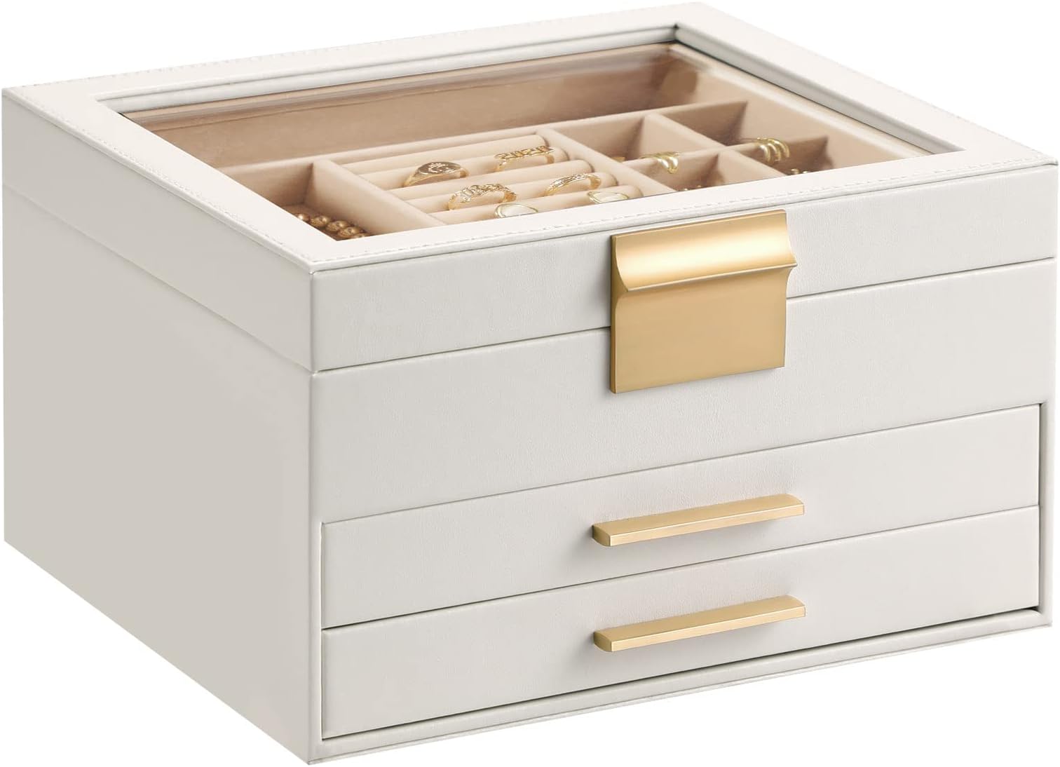 Amazon.com: Zglori Jewelry Box, 3 Layers Jewelry Organizer with Glass Lid, 2 Drawers Jewelry ...