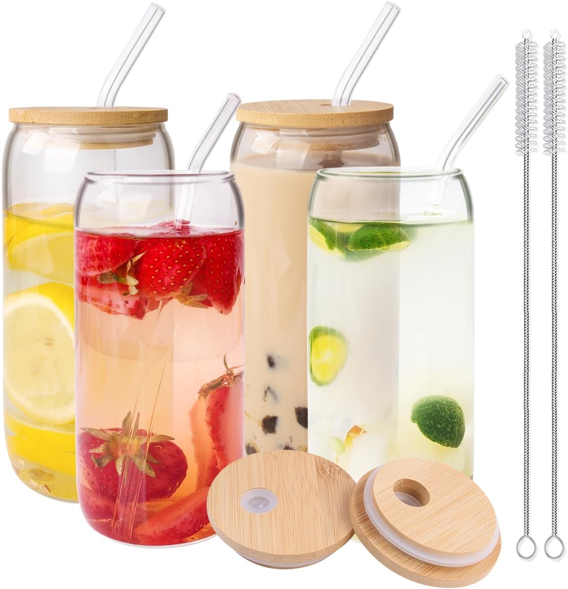 Charfia Pink Bow Glass Cup Set, 500ML Iced Coffee Cup with Bamboo Lids and Glass Straws, 5 Pack ...