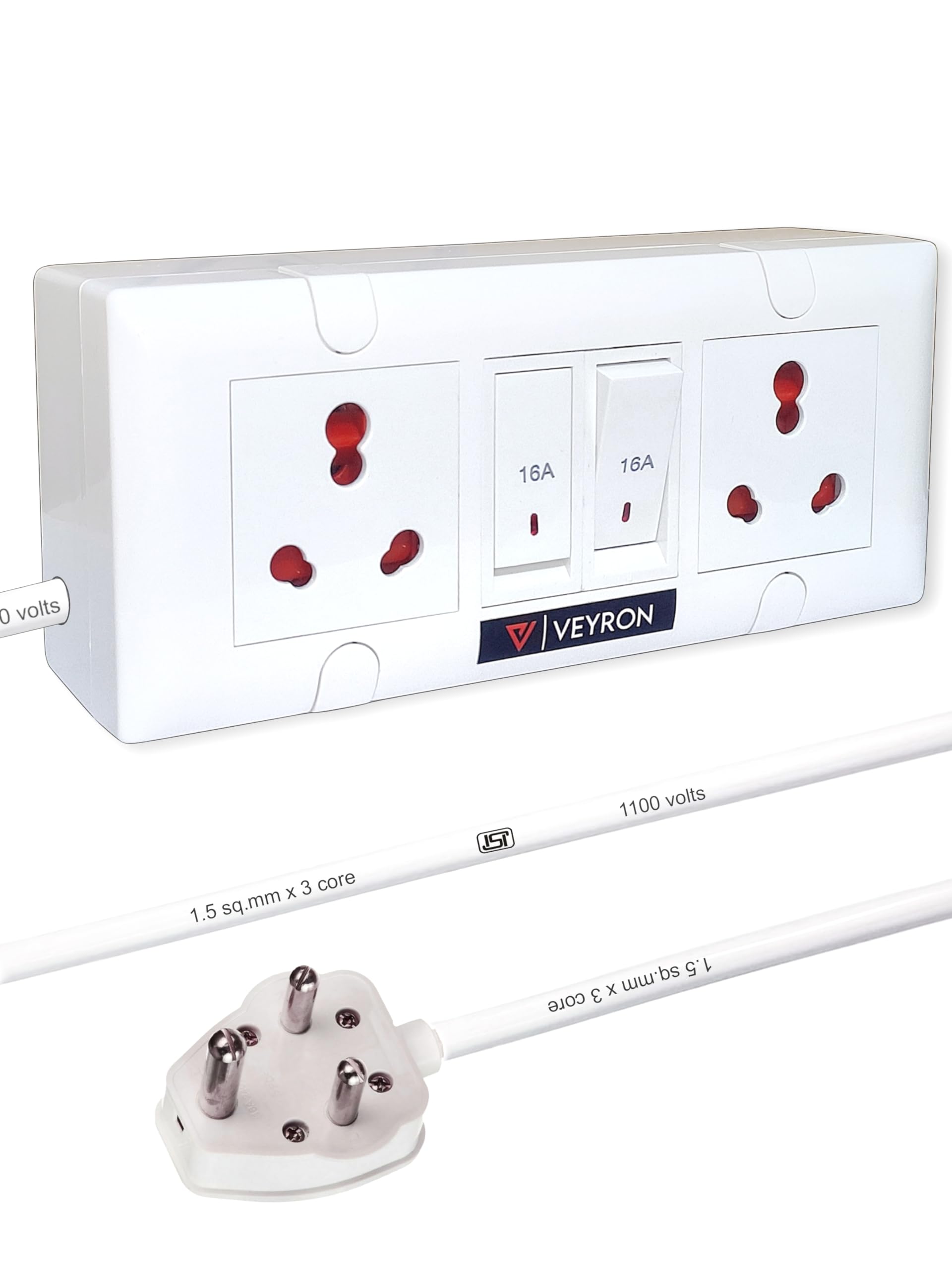 Buy VEYRON Electric 16 amp Extension Board - Two 6/16A Socket and Two 16A Indicator Switch, Long ...