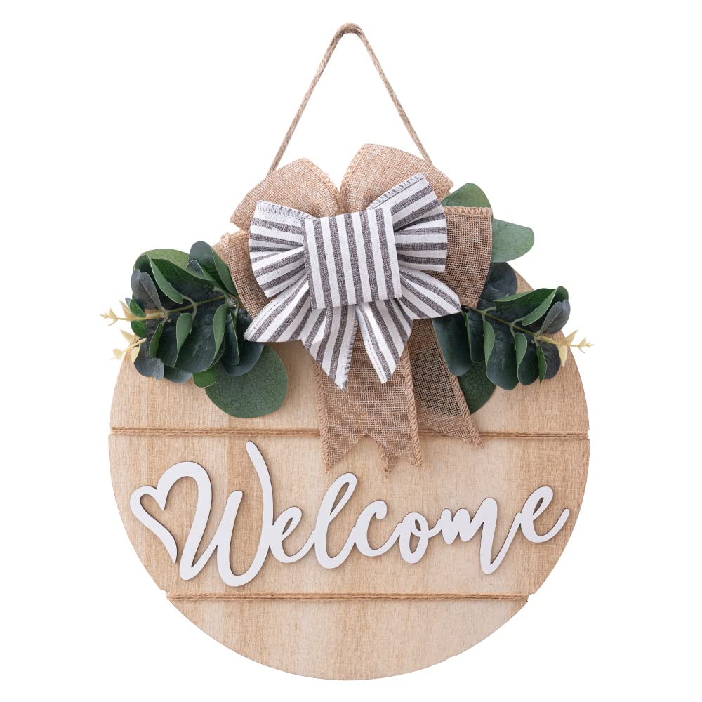 ING&HOM Welcome Sign for Front Door Porch 12 Inch Round Wood Decoration ...