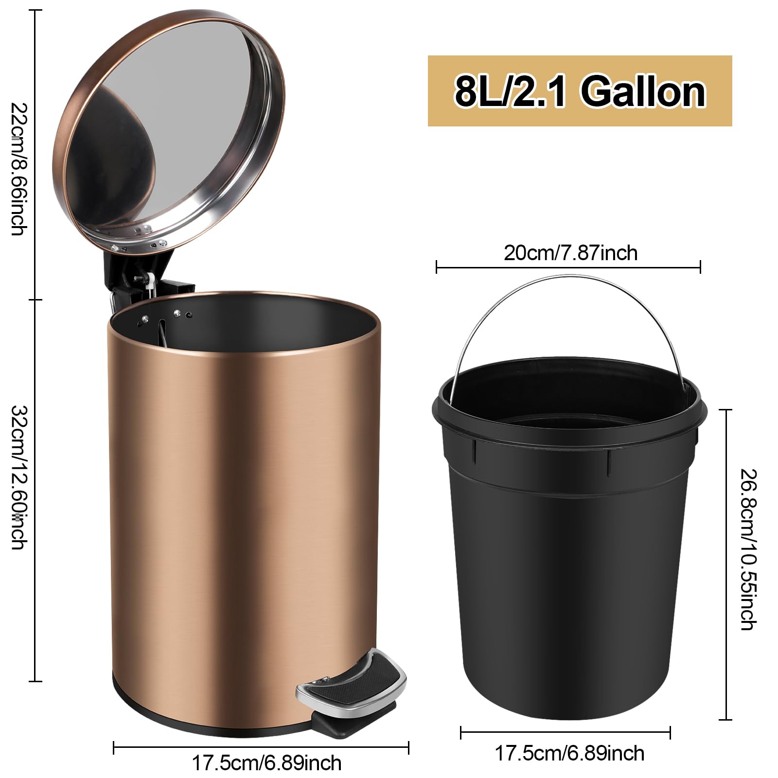 Snapklik.com : Garbage Bin, Gold Stainless Steel Foot Open Lid Garbage Bin, 8l/2.1 Gallon ...